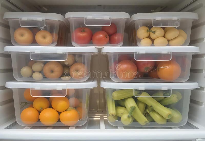 Fruits and Vegetables Stored in Containers Inside Refrigerator Stock ...