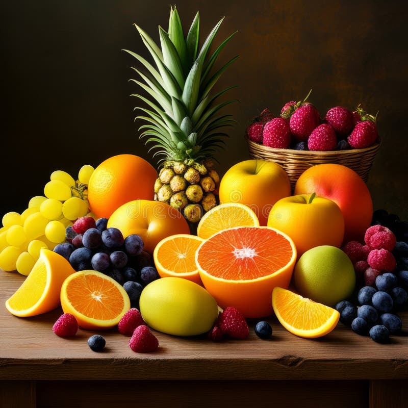 Fruits and Vegetables on a Wooden Table. Still-life Stock Illustration ...