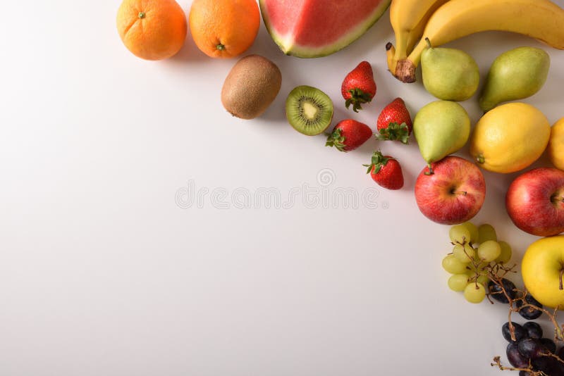 Fruits on a White Table Diagonal Top View Stock Photo - Image of apple ...