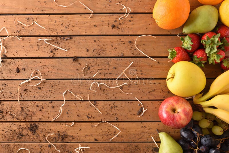 Fruits on a Wood Table Aligned Right Top View Stock Image - Image of ...