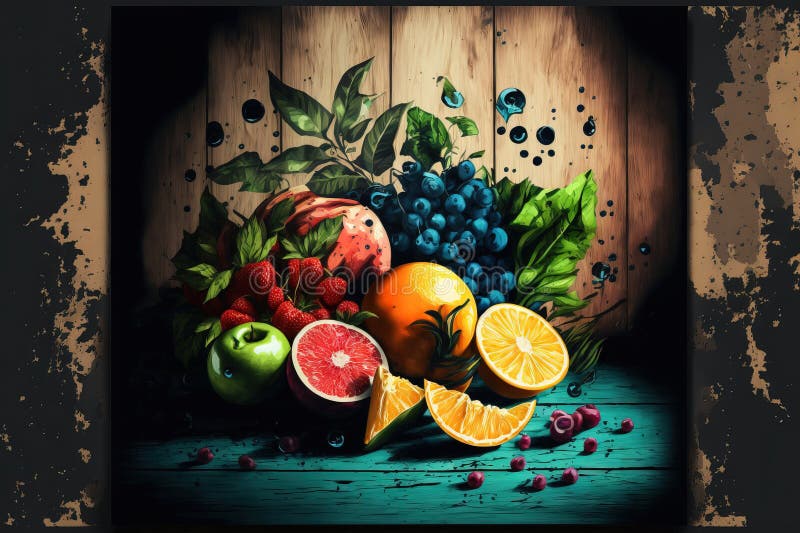 Fruits on a Wooden Background in an Abstract Market Background Art ...