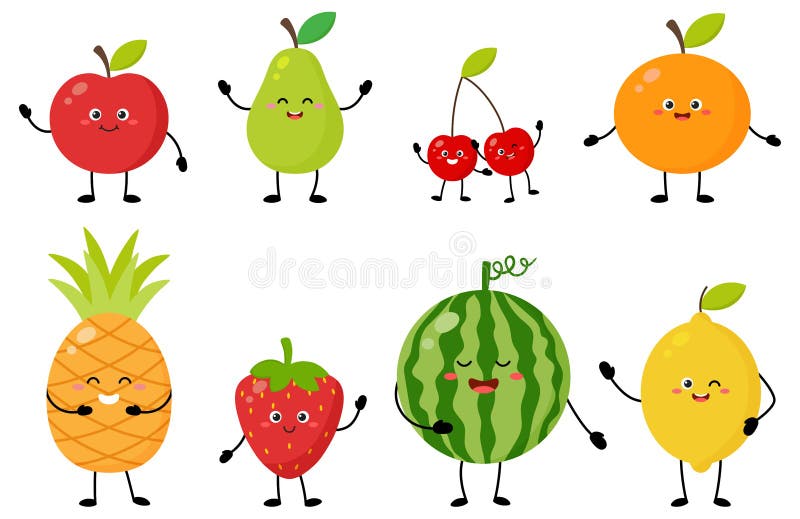 Cartoon Set of Cheerful Cute Fruits Characters with Different Poses and ...