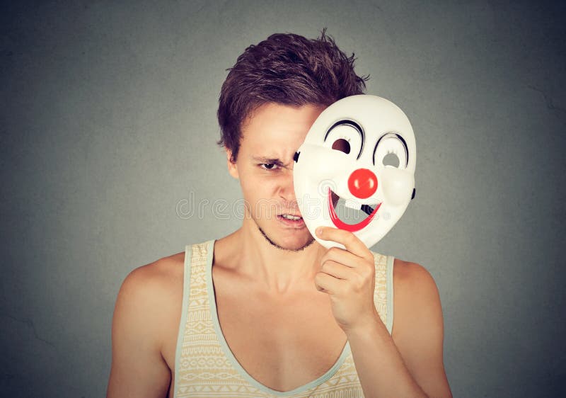 Frustrated Angry Man Hiding Behind Happy Face Stock Image - Image of ...