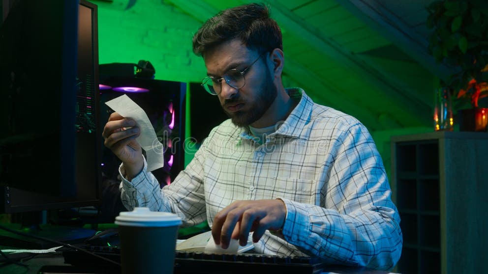 Frustrated Arabian Indian Man Programmer Holding Paper Code Bills ...