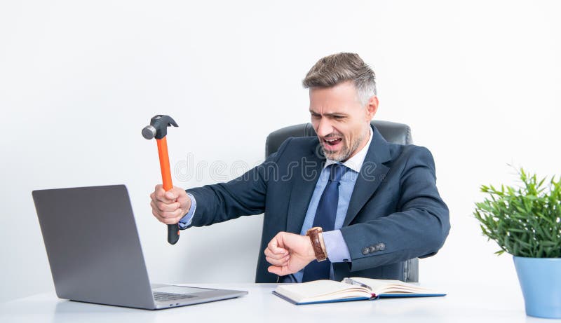 Frustrated Boss Hitting Laptop with Hammer and Checking Time Stock ...