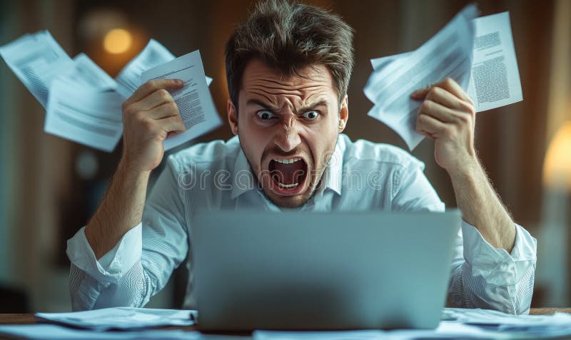 Frustrated Businessman Overwhelmed with Paperwork and Technology Stock ...