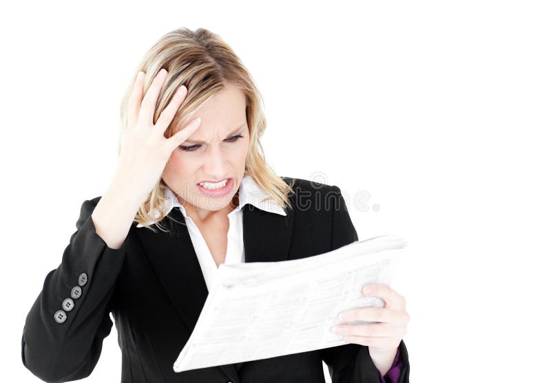 Frustrated Businesswoman Looking at a Newspaper Stock Image - Image of ...