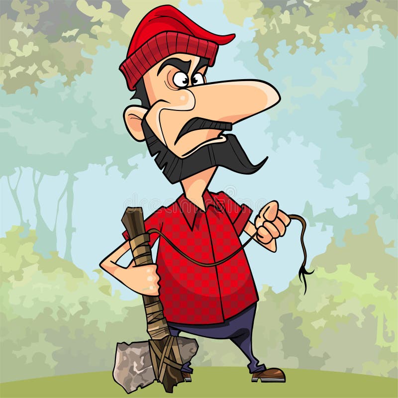 Frustrated Cartoon Lumberjack Holding a Stone Axe in the Forest Stock ...