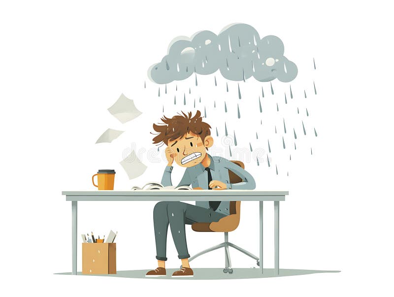 Frustrated Cartoon Office Worker at Messy Desk with Flying Papers Stock ...