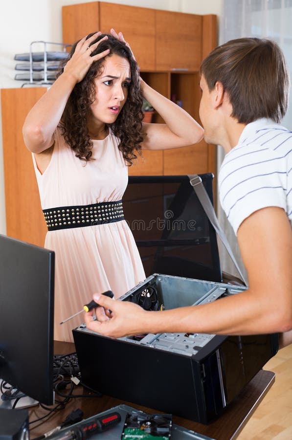 Frustrated Client And PC Engineer At Work Stock Photo - Image of broken ...