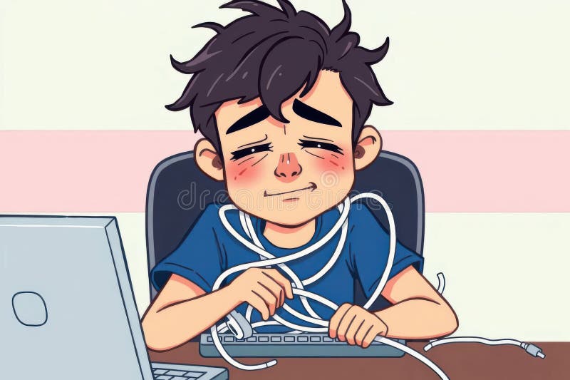 Frustrated Coder with Tangled Cables, Messy Hair. Dealing with Tech ...