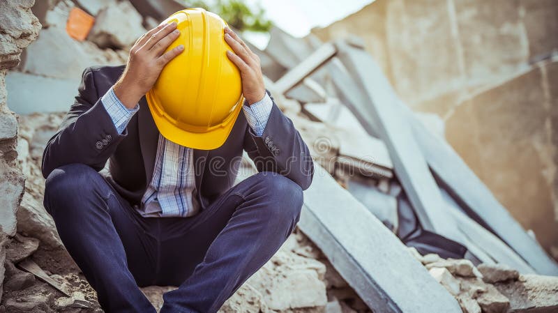 Frustrated Construction Worker Sitting in Ruins, Holding Hands at His ...