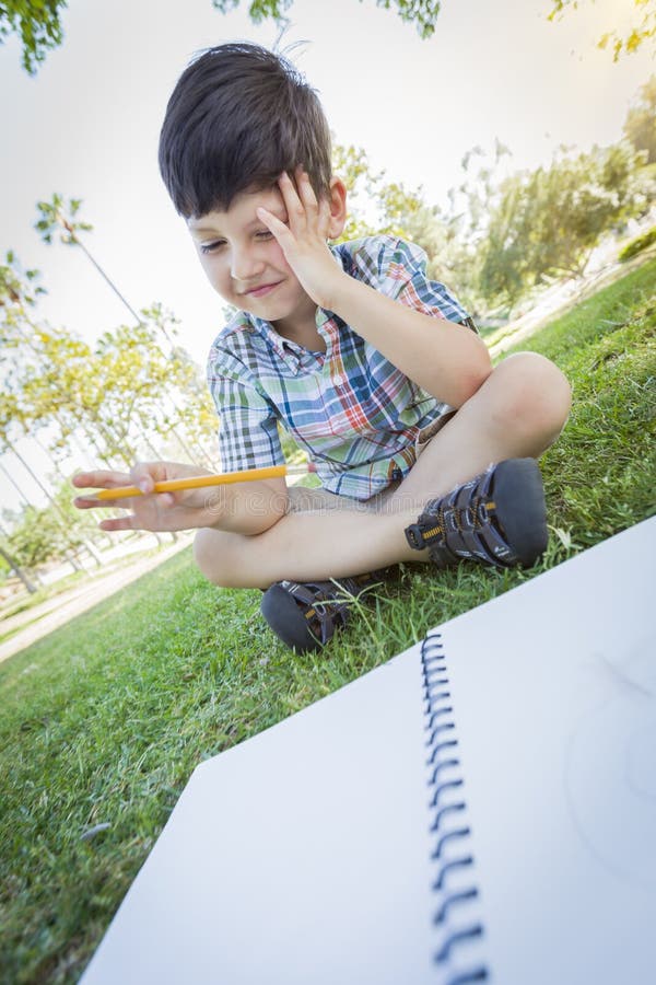 Frustrated Cute Young Boy Holding Pencil Sitting on the Grass Stock ...
