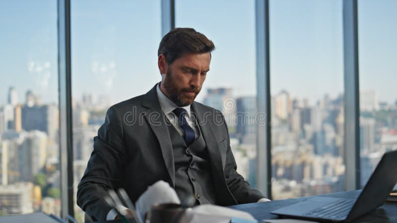 Frustrated Executive Thinking Problem Work in Panoramic Office. Sad ...