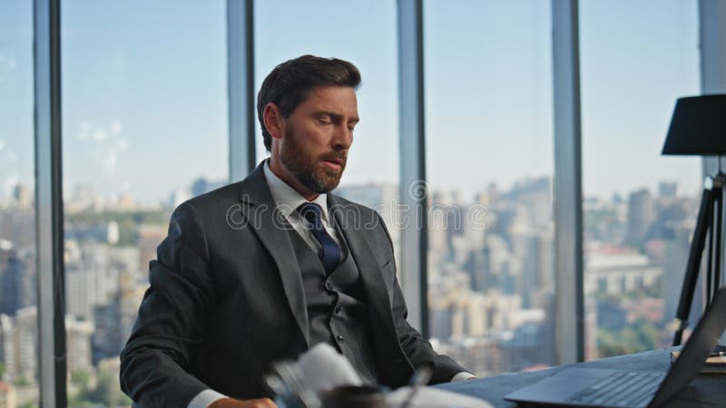 Frustrated Executive Thinking Problem Work in Panoramic Office. Sad ...