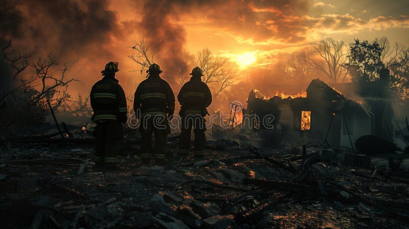 Three Fire Fighters Standing Stunned in Front of Home in Ruins from ...