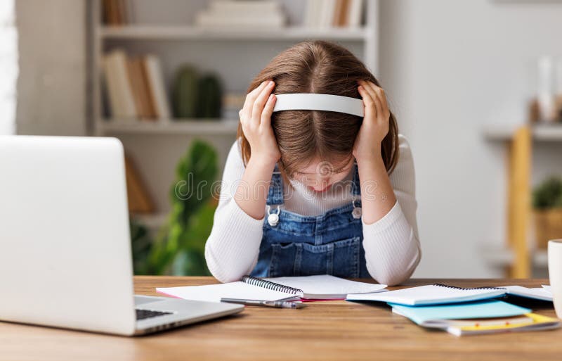 Confused Child Girl Doing Homework at Home Stock Image - Image of ...