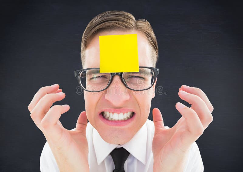 Frustrated Man with Blank Sticky Note on Forehead Stock Photo - Image ...