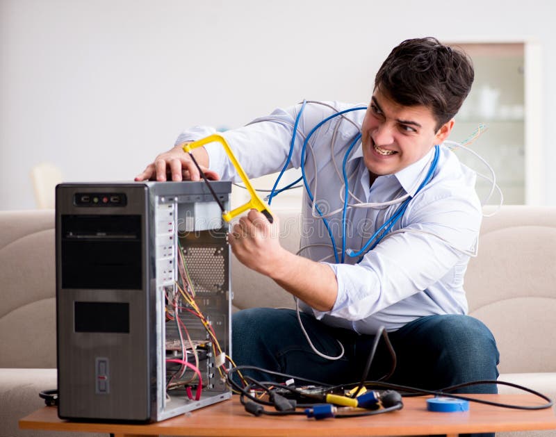 Frustrated Man with Broken Pc Computer Stock Photo - Image of ...