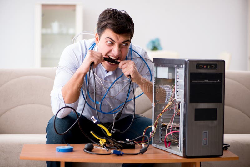 The Frustrated Man with Broken Pc Computer Stock Photo - Image of ...
