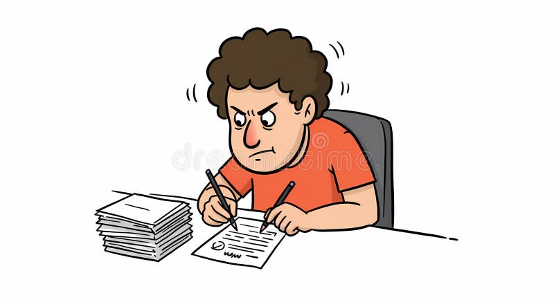 Frustrated Man Intensely Working on Documents: Cartoon Illustration ...