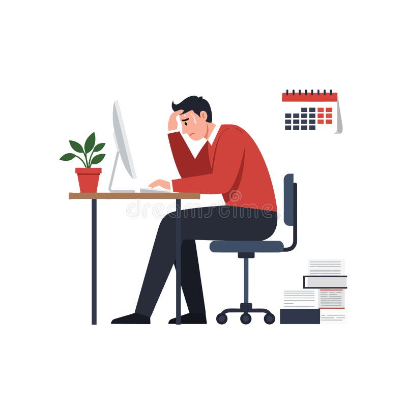 Frustrated Man Sitting at Desk with Computer and Calendar in Office ...