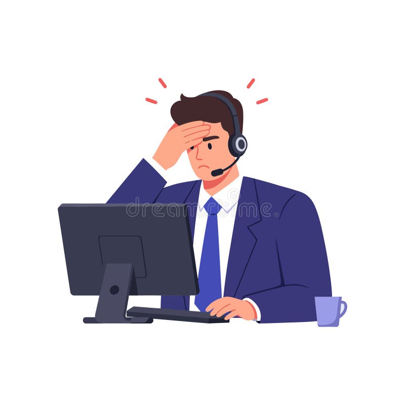 Frustrated Man in a Suit with Headset at a Computer Desk in Flat Vector ...