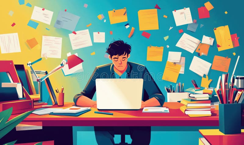 Frustrated Man Working at Cluttered Desk with Laptop Surrounded by ...