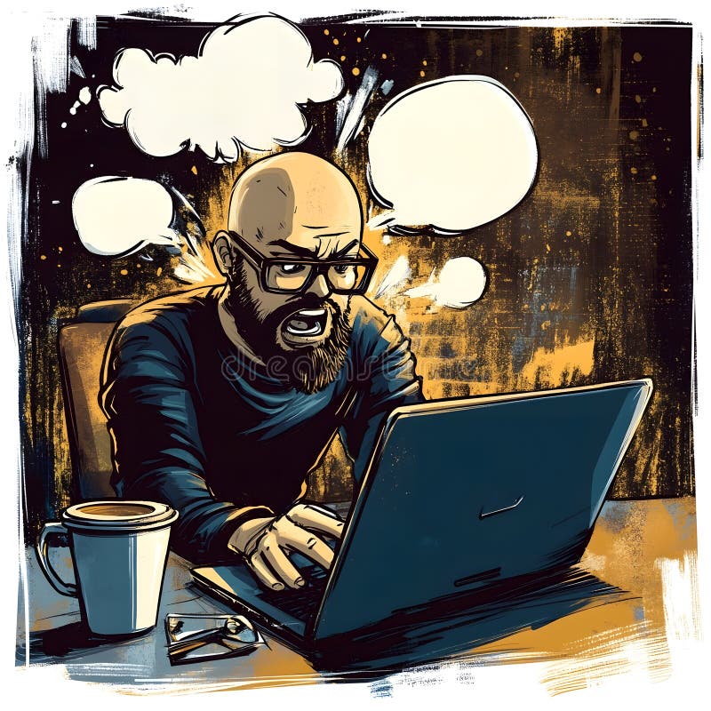 Frustrated Man Working Late on a Laptop Stock Illustration ...