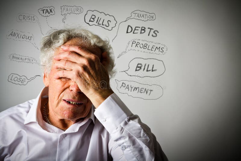 Frustrated Old Man in White. Many Problems. Stock Image - Image of ...