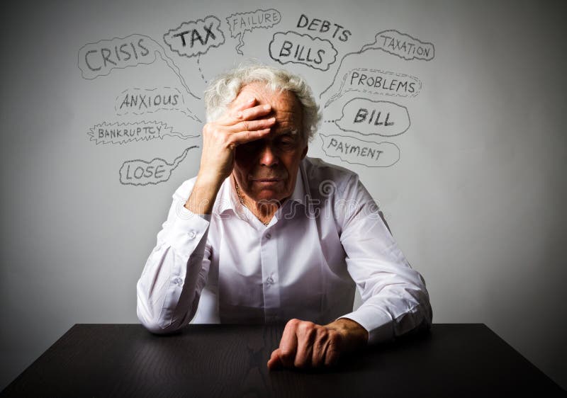 Frustrated Old Man in White. Many Problems. Stock Image - Image of ...