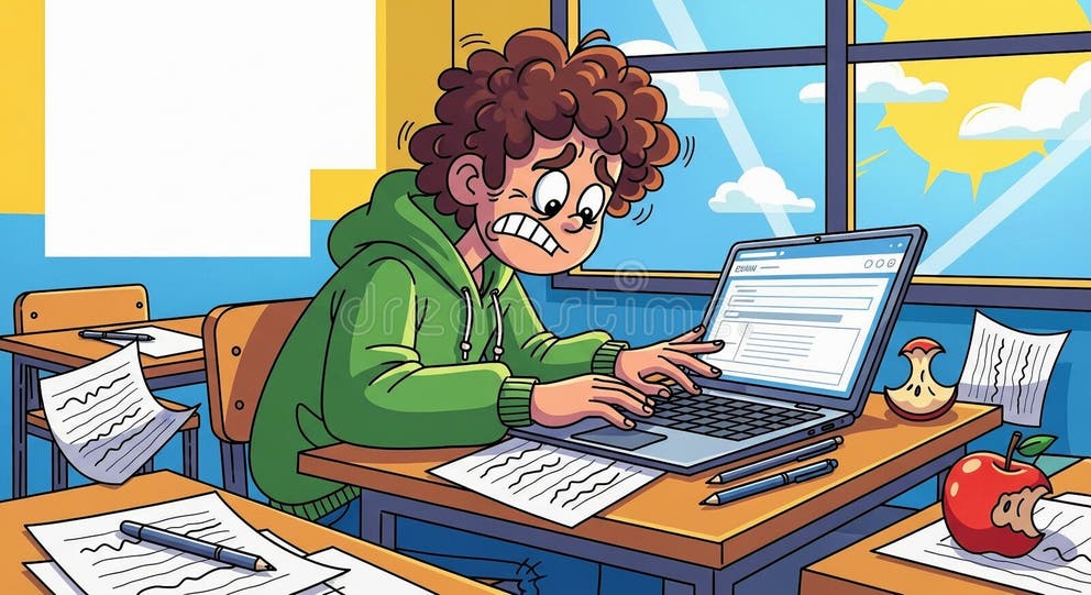 Frustrated Student Struggling with a Difficult Assignment on a Laptop in a Classroom Setting ...