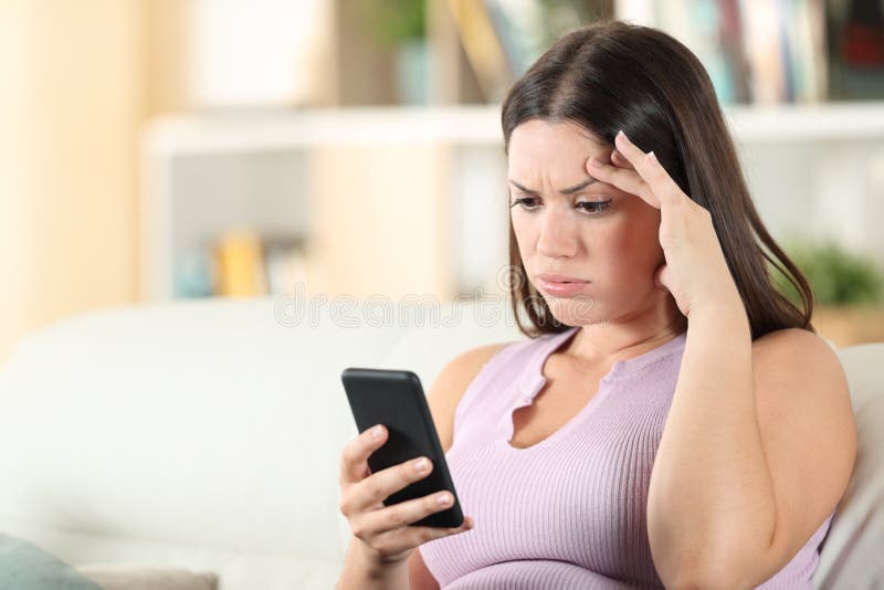 Frustrated Woman Checking Phone Finding Mistake Stock Photo - Image of ...