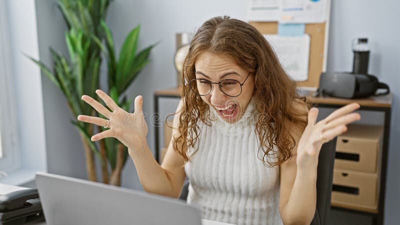 Frustrated Woman Yelling in Glasses at Office Computer Stock Image ...
