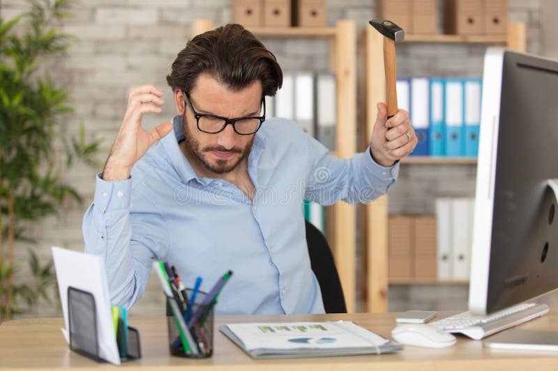 Frustrated Young Man with Hammer in Front Computer Stock Photo - Image ...