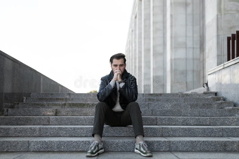 Frustration of a Middle-aged European Man Sitting on the Steps of a ...