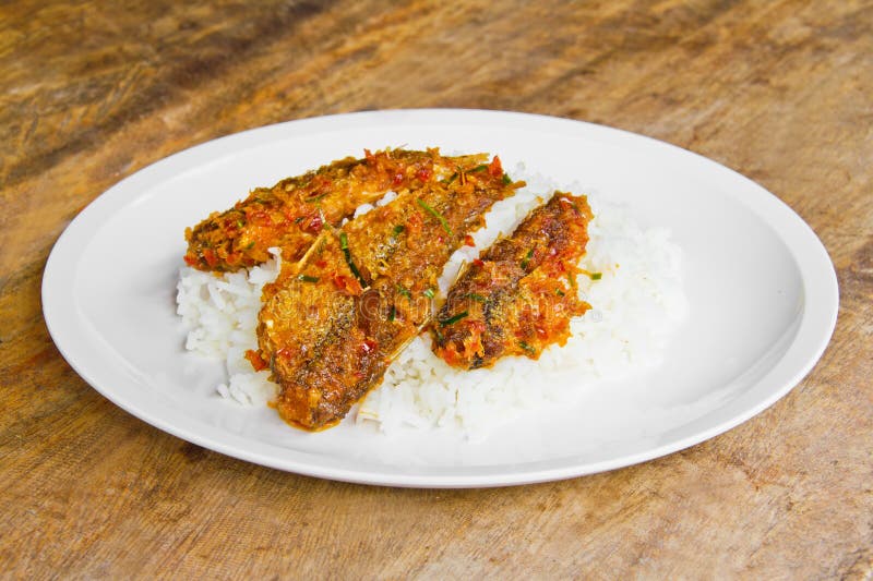 Fry fish with cooked rice stock photo. Image of leave - 28204820