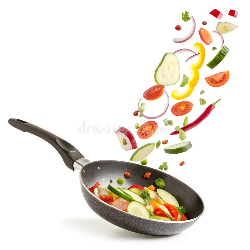 Fry Pan with Falling Vegetable Slices Stock Illustration - Illustration ...