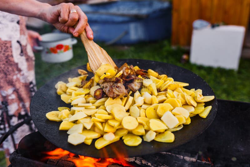 Fry Potatoes on Open Fire in the Open Air Stock Image - Image of party ...