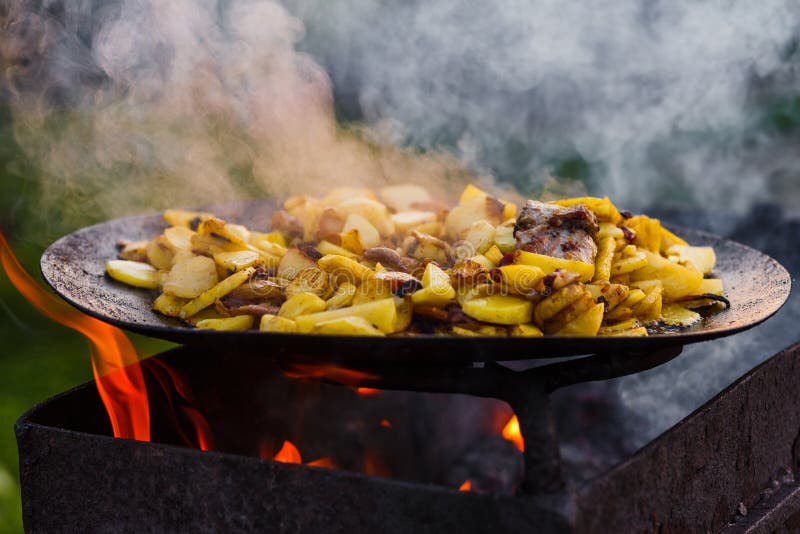 Fry Potatoes on Open Fire in the Open Air Stock Image - Image of meal ...