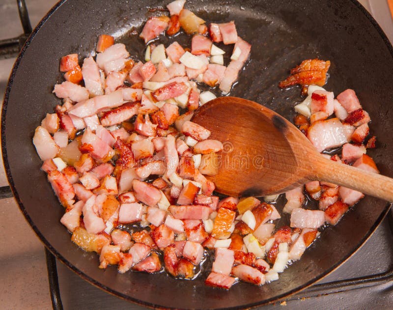 Frying bacon stock image. Image of dinner, meal, bacon - 85510841