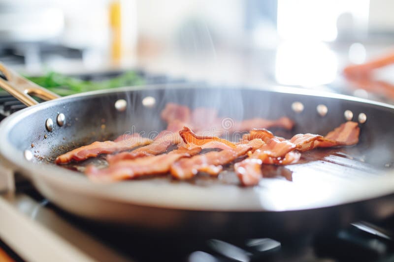 Frying Bacon Strips on a Flat Top Stovetop in a Commercial Kitchen ...