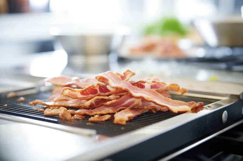 Frying Bacon Strips on a Flat Top Stovetop in a Commercial Kitchen ...