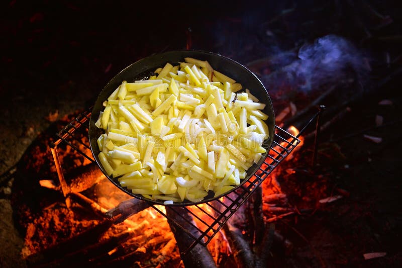 Frying chips stock photo. Image of grill, planks, night - 45796624