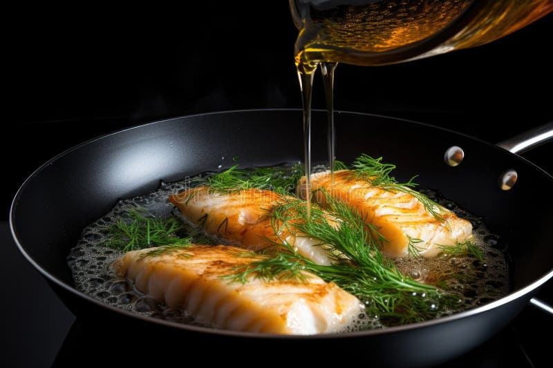 Frying Fish Fillets in a Deep Pan with Oil Stock Illustration ...