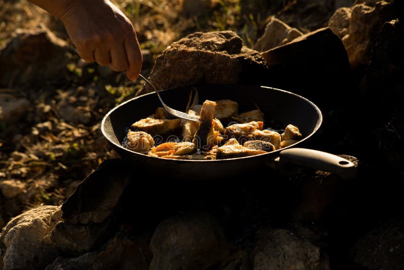 Frying Fish in Oil in a Pan in the Camp Stock Image - Image of black ...