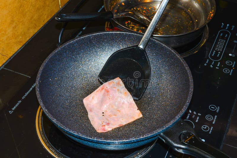 Frying Ham in the Pan stock photo. Image of cooked, slice - 76541642
