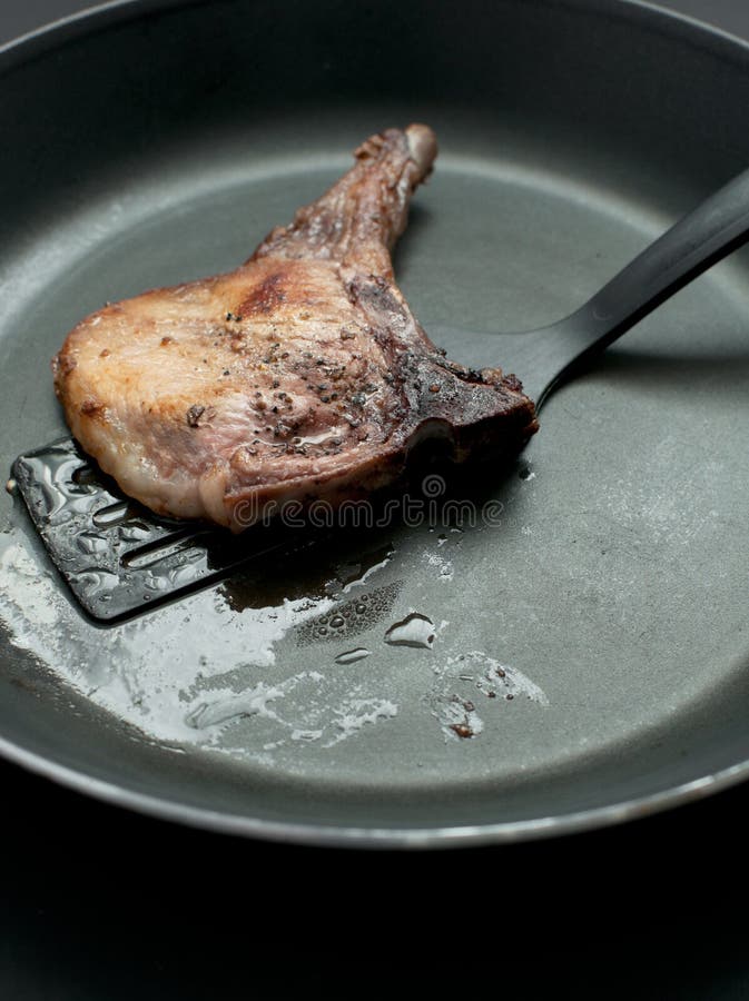 Frying Meat Piece on Frying Pan Stock Photo - Image of cuisine, medium ...