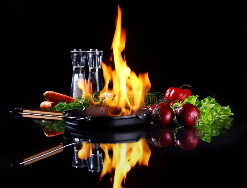 Frying Pan with Burning Fire Inside Stock Image - Image of fire, onion ...