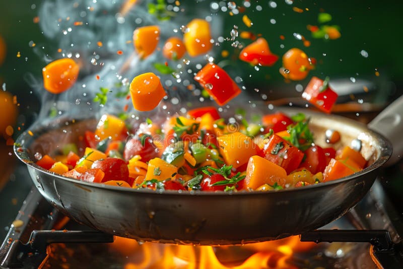 Frying Pan with Colored Vegetables and Herbs on Fire. Dump and Bake ...